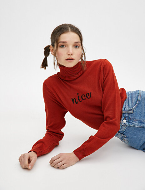 Koton Ole Genç Kız Uzun Kollu Balıkçı Yaka Nakışlı Triko Kazak Koton Ole Genç Kız Uzun Kollu Balıkçı Yaka Nakışlı Triko Kazak