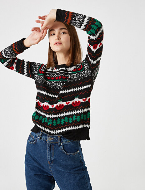 Koton Ole Genç Kız Bisiklet Yaka Desenli Triko Kazak