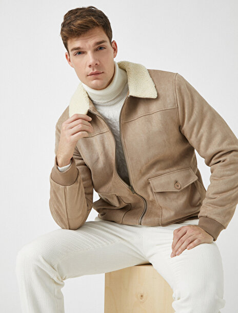 Koton Erkek Şerpalı Gömlek Yaka Süet Görünümlü Cepli Fermuarlı Mont