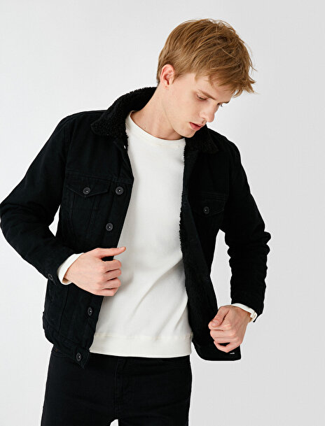 Koton Erkek %100 Pamuk Suni Kürklü Jean Ceket