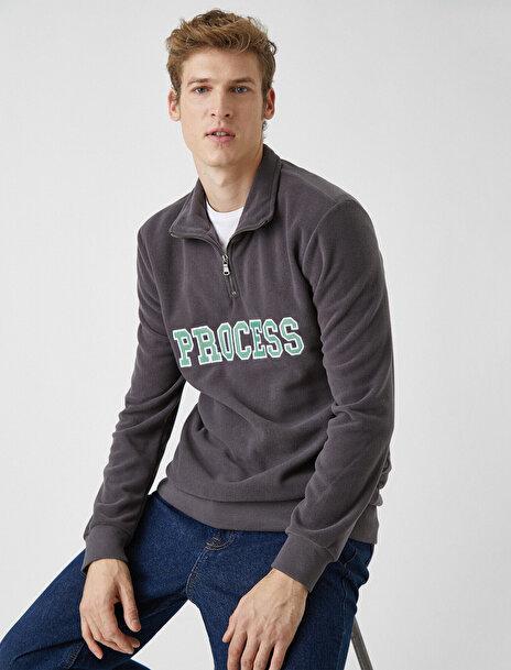 Koton Erkek Fermuarlı Yazılı İşlemeli Polar Sweatshirt