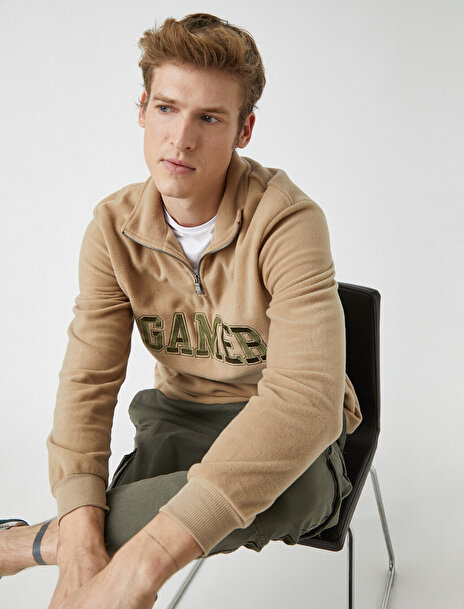 Koton Erkek Fermuarlı Yazılı İşlemeli Polar Sweatshirt