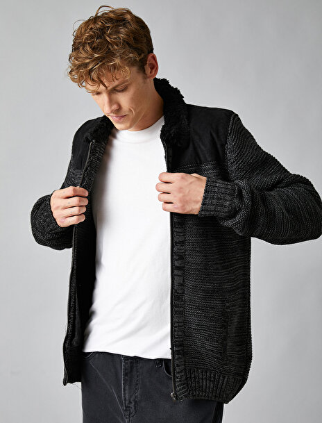 Koton Erkek Suni Kürk Detaylı Fermuarlı Triko Hırka Koton Erkek Suni Kürk Detaylı Fermuarlı Triko Hırka