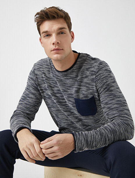 Koton Erkek Slim Fit Cepli Bisiklet Yaka Uzun Kollu Sweatshirt