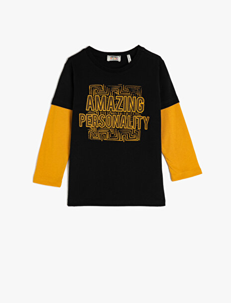 Koton Erkek Çocuk Pamuklu Bisiklet Yaka Uzun Kollu Yazılı Baskılı Tişört