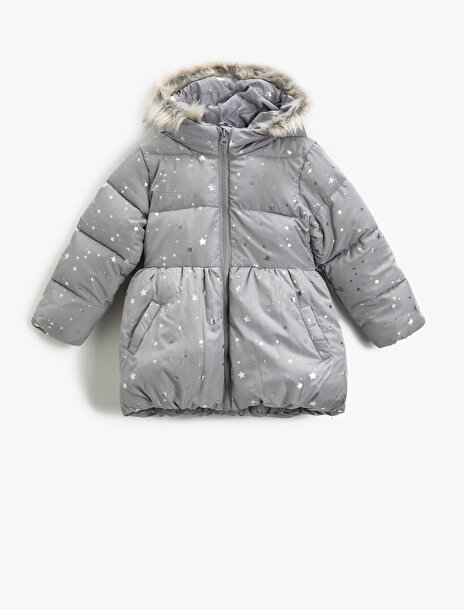 Koton Kız Çocuk Kapşonlu Şişme Mont Baskılı Suni Kürklü