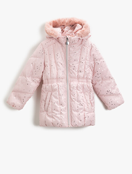 Koton Kız Çocuk Kapşonlu Şişme Mont Kalp Baskılı