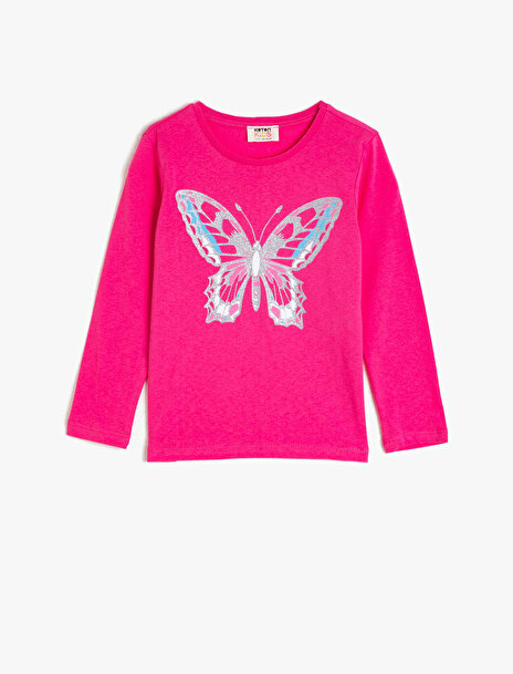 Koton Kız Çocuk %100 Pamuk Bisiklet Yaka Uzun Kollu Simli Baskili Tisört