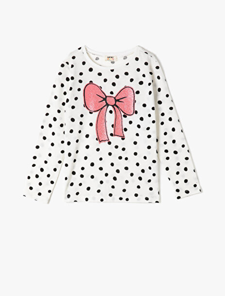 Koton Kız Çocuk Pamuklu Bisiklet Yaka Uzun Kollu Puantiyeli Baskılı Tişört