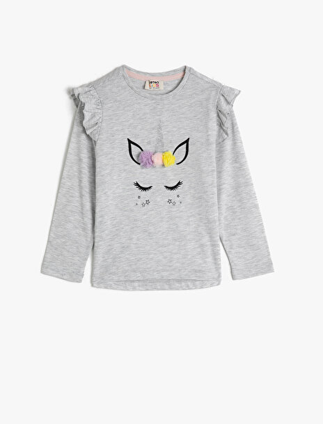 Koton Kız Çocuk Simli Unicorn Baskılı Ponponlu Fırfırlı Uzun Kollu Tişört Koton Kız Çocuk Simli Unicorn Baskılı Ponponlu Fırfırlı Uzun Kollu Tişört