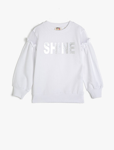 Koton Kız Çocuk %100 Pamuk Bisiklet Yaka Yazılı Baskılı Fırfır Detaylı Sweatshirt