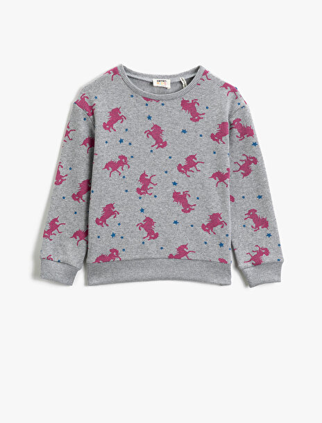 Koton Kız Çocuk Unicorn Baskili Bisiklet Yaka Uzun Kollu Sweatshirt