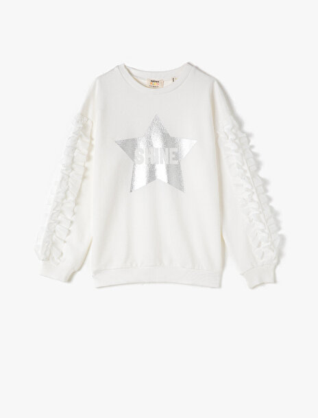 Koton Kız Çocuk Pamuklu Bisiklet Yaka Uzun Kollu Fırfırlı Parlak Baskılı Sweatshirt