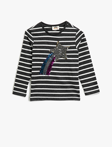 Koton Kız Çocuk Çizgili Pullu Bisiklet Yaka Uzun Kollu T-Shirt