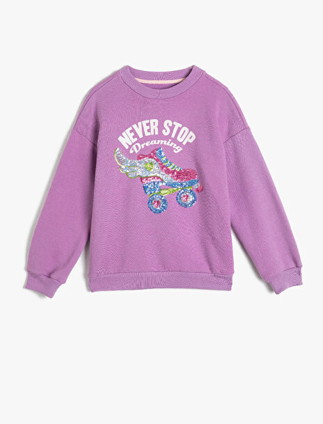 Koton Kız Çocuk Pamuklu Bisiklet Yaka Pullu Yazılı Baskılı Sweatshirt