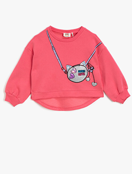 Koton Kız Çocuk Simli Baskılı Bisiklet Yaka Uzun Kollu Sweatshirt