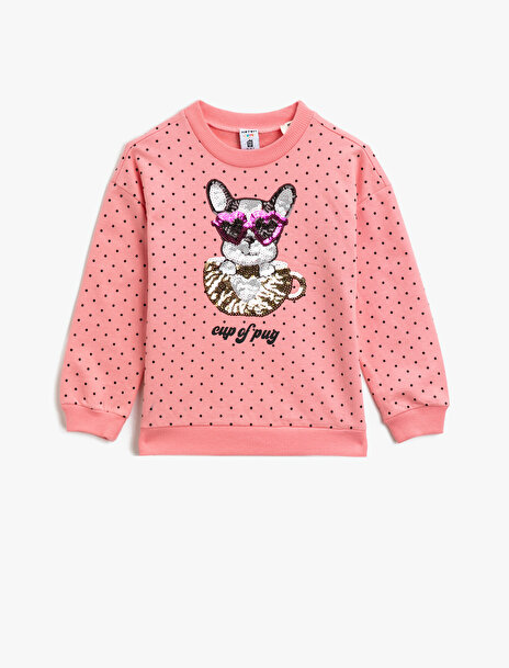 Koton Kız Çocuk Pullu Pamuklu Puantiyeli Uzun Kollu Bisiklet Yaka Sweatshirt