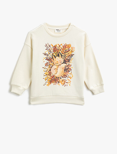 Koton Kız Çocuk Organik Pamuklu Baskili Bisiklet Yaka Uzun Kollu Sweatshirt