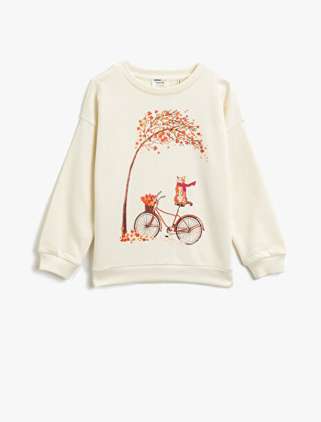 Koton Kız Çocuk Organik Pamuklu Baskili Bisiklet Yaka Uzun Kollu Sweatshirt