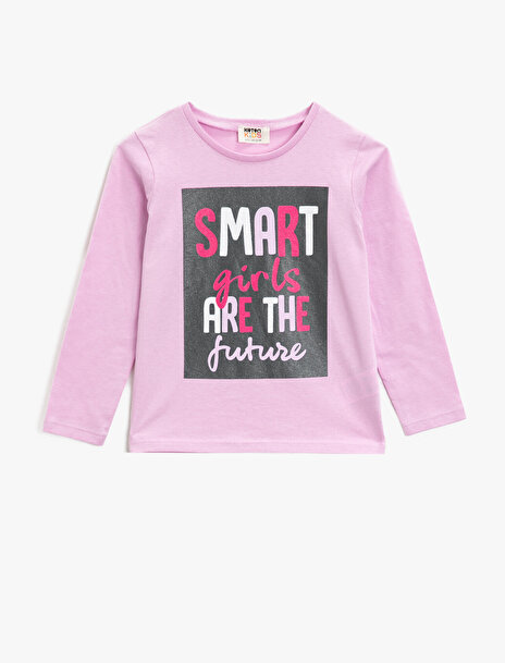 Koton Kız Çocuk %100 Pamuk Bisiklet Yaka Uzun Kollu Yazili Baskili Tisört