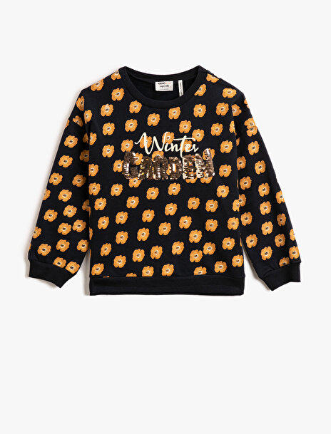 Koton Kız Çocuk Çiçekli Baskılı Pullu Pamuklu Bisiklet Yaka Sweatshirt