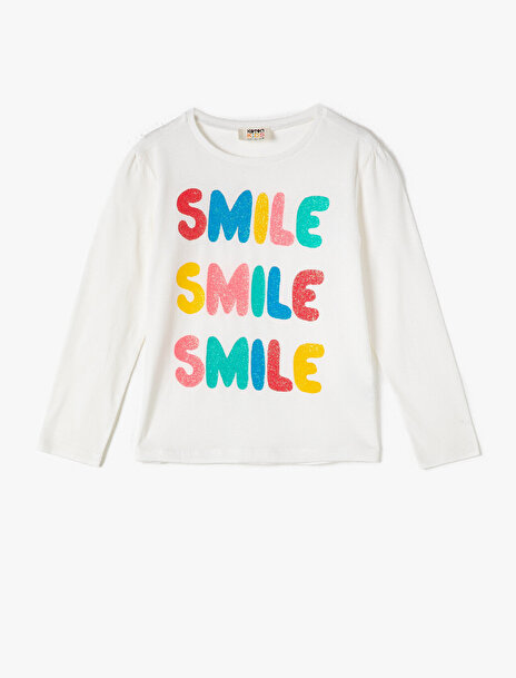 Koton Kız Çocuk Yazılı Baskılı Uzun Kollu Simli Tişört