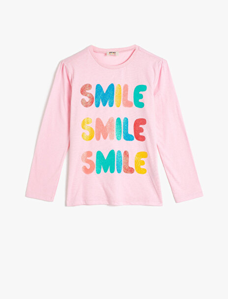 Koton Kız Çocuk Yazılı Baskılı Uzun Kollu Simli Tişört