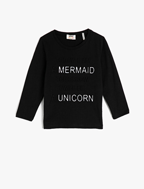 Koton Kız Çocuk Unicorn Bisiklet Yaka Yazılı Baskılı Uzun Kollu Tişört