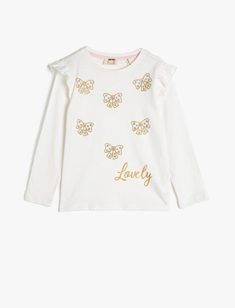 Koton Kız Çocuk %100 Pamuk Bisiklet Yaka Uzun Kollu Fırfırlı Tişört