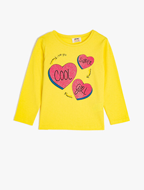 Koton Kız Çocuk %100 Pamuk Simli Baskili Bisiklet Yaka Uzun Kollu Tisört