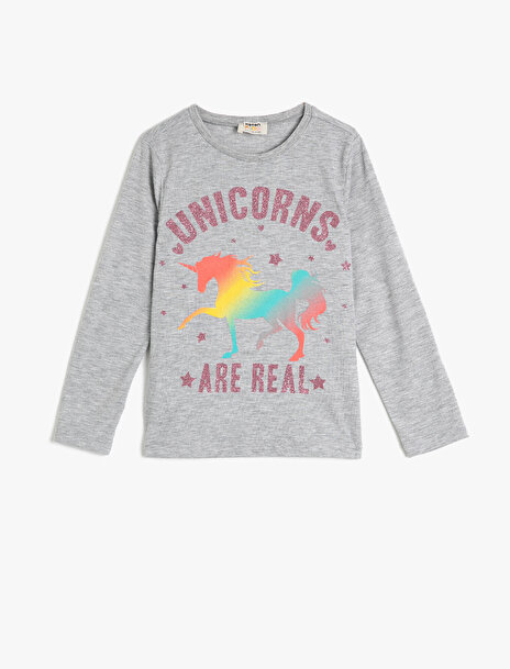 Koton Kız Çocuk Uzun Kollu Simli Baskılı Unicorn Tişört