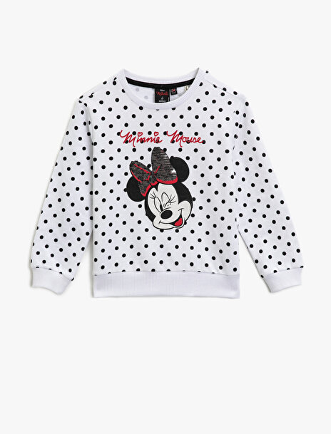 Koton Kız Çocuk Minnie Mouse Lisanslı Baskılı Pullu Puantiyeli Pamuklu Sweatshirt