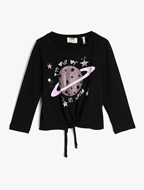 Koton Kız Çocuk Pamuklu Bisiklet Yaka Uzun Kollu Simli Baskılı Tişört