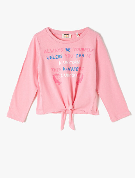 Koton Kız Çocuk Pamuklu Bisiklet Yaka Uzun Kollu Slogan Baskılı Bağlamalı Tişört