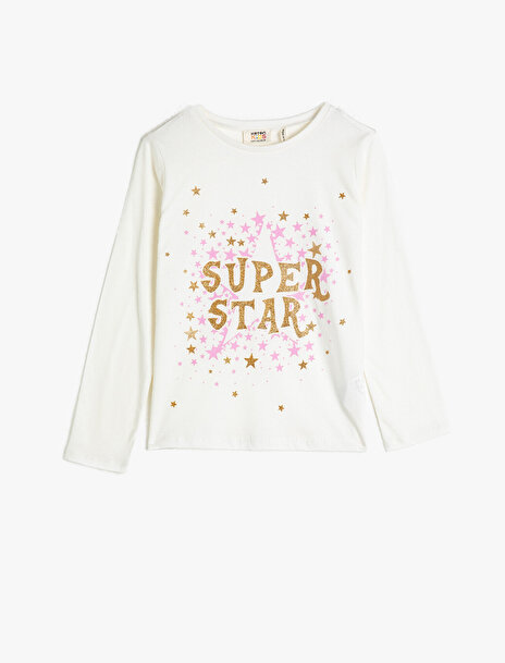 Koton Kız Çocuk Yazılı Baskılı Uzun Kollu Bisiklet Yaka Pamuklu Tişört