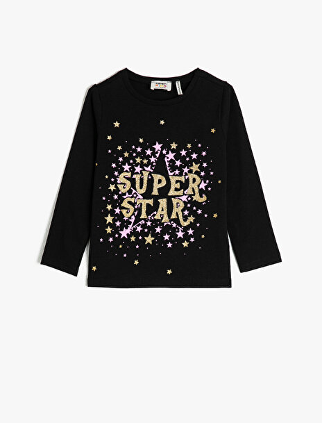 Koton Kız Çocuk Yazılı Baskılı Uzun Kollu Bisiklet Yaka Pamuklu Tişört