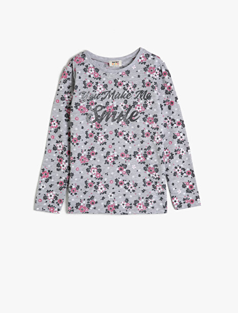 Koton Kız Çocuk Çiçekli Simli Yazılı Baskılı Uzun Kollu Bisiklet Yaka Tişört