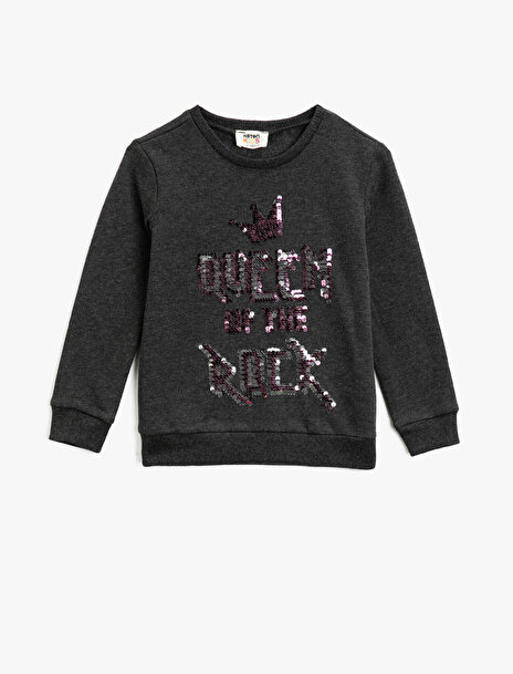 Koton Kız Çocuk Bisiklet Yaka Pul Detaylı Yazı İşlemeli Sweatshirt