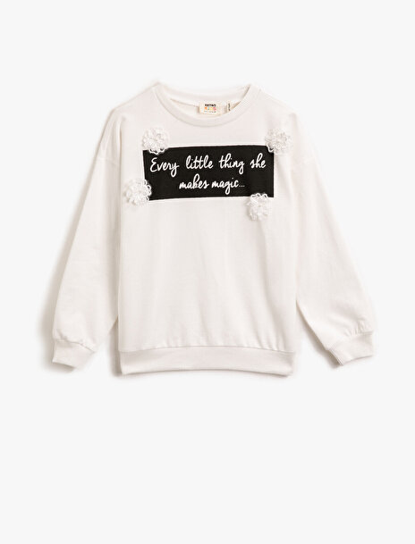 Koton Kız Çocuk Yazılı Baskılı Pamuklu Çiçekli Bisiklet Yaka Sweatshirt