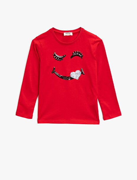 Koton Kız Çocuk Pamuklu Pullu Uzun Kollu Bisiklet Yaka Tişört