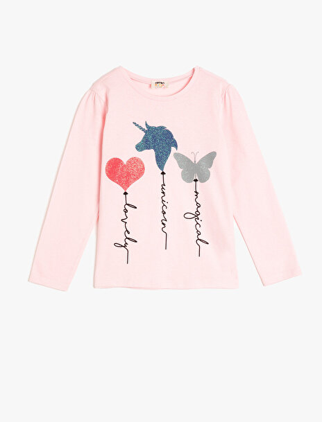 Koton Kız Çocuk Unicorn Yazılı Baskılı Uzun Kollu Simli Tişört