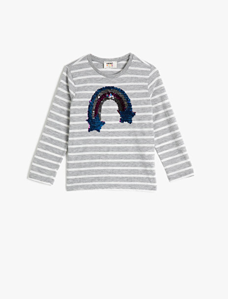 Koton Kız Çocuk Uzun Kollu Payetli Çizgili Tisört