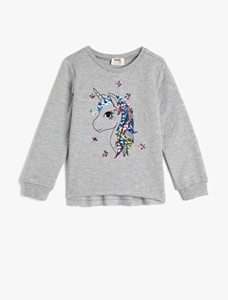 Koton Kız Çocuk Unicorn Baskılı Uzun Kollu Payetli Sweatshirt