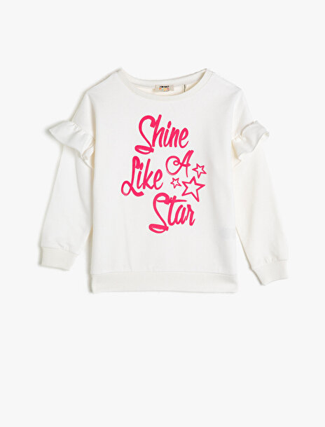 Koton Kız Çocuk Pamuklu Fırfırlı Yazılı Baskılı Bisiklet Yaka Sweatshirt