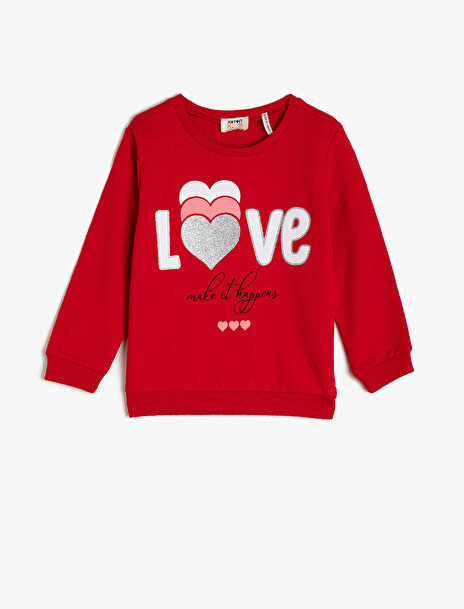 Koton Kız Çocuk %100 Pamuk Bisiklet Yaka Uzun Kollu Simli Yazılı Baskılı Sweatshirt