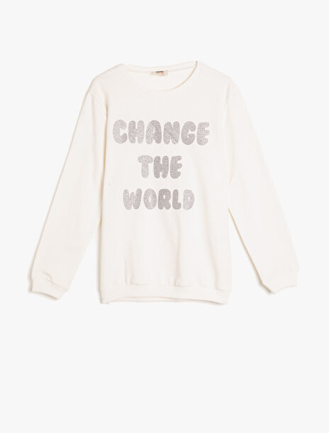 Koton Kız Çocuk Bisiklet Yaka Uzun Kollu Simli Yazılı Baskılı Sweatshirt