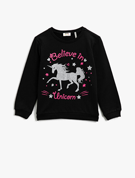 Koton Kız Çocuk Unicorn Bisiklet Yaka Pamuklu Uzun Kollu Baskılı Sweatshirt