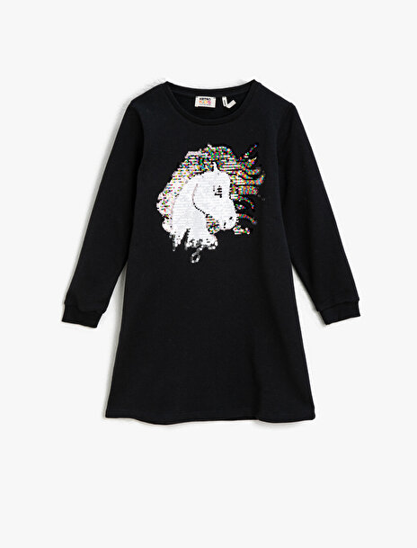 Koton Kız Çocuk Unicorn Bisiklet Yaka Uzun Kollu Pullu Elbise