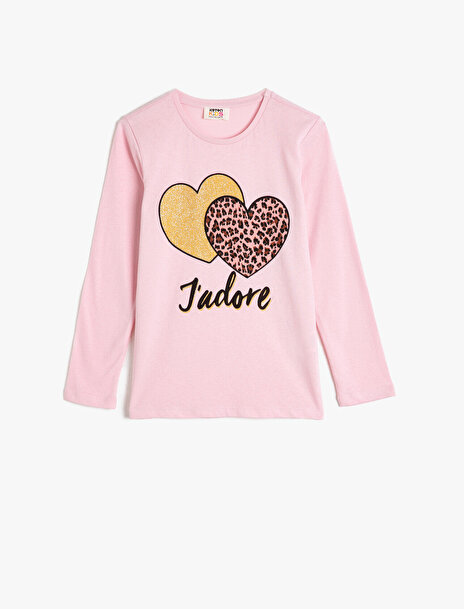 Koton Kız Çocuk Pamuklu Simli Baskılı Uzun Kollu Bisiklet Yaka Tişört