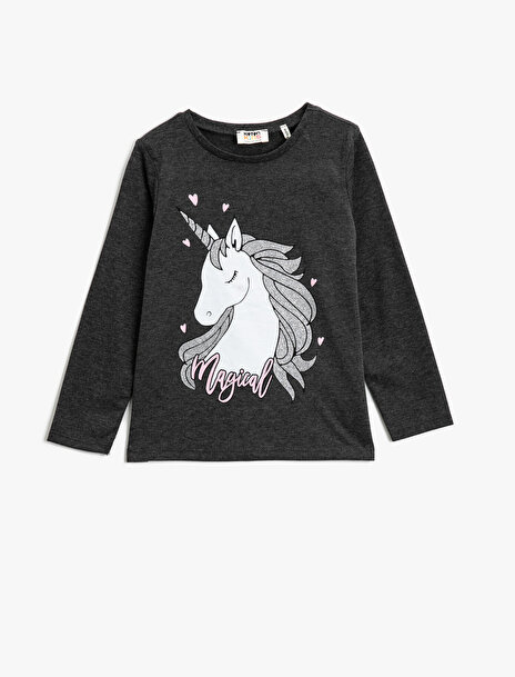 Koton Kız Çocuk Unicorn Baskılı Bisiklet Yaka Uzun Kollu Tişört